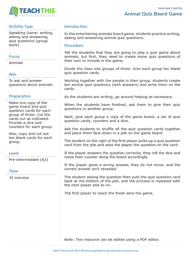 Animal Quiz Board Game | PDF