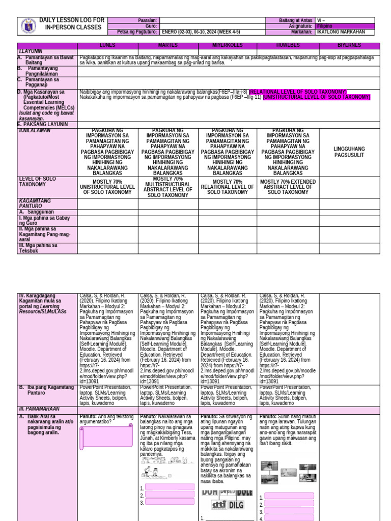 Q3 - Filipino - DLL - Week 4-5 | PDF
