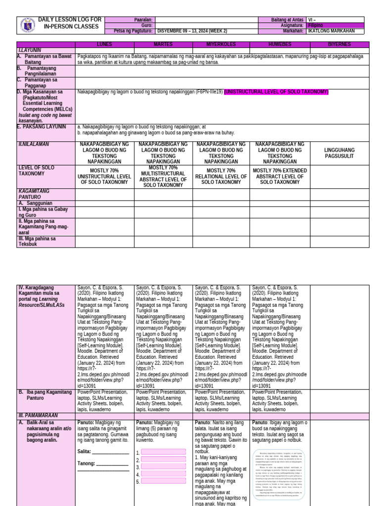 Q3 - Filipino - DLL - Week 2 | PDF