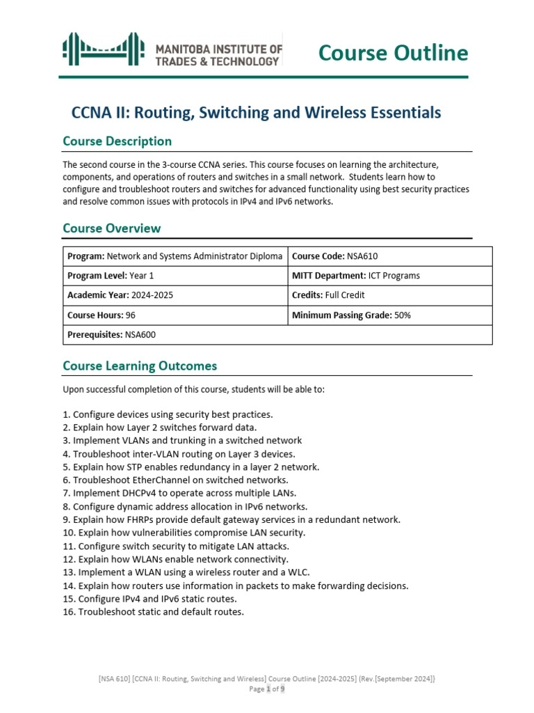 Course Outline - CCNA II - Routing, Switching and Wireless Essentials-NSA600S24P2 | PDF | Router ...