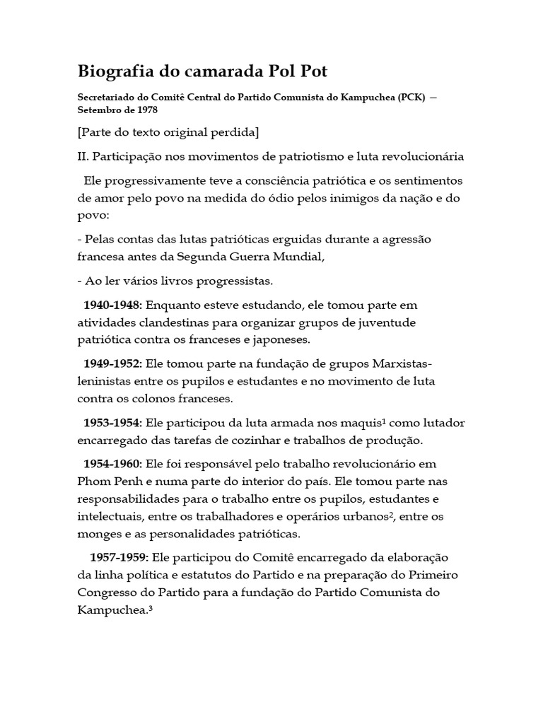 Biografia de Pol Pot e sua trajetória revolucionária | PDF | Comunismo ...