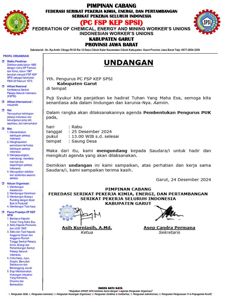 Undangan Pembentukan Pengurus PUK-Pengurus PC FSP KEP SPSI Kabupaten Garut | PDF