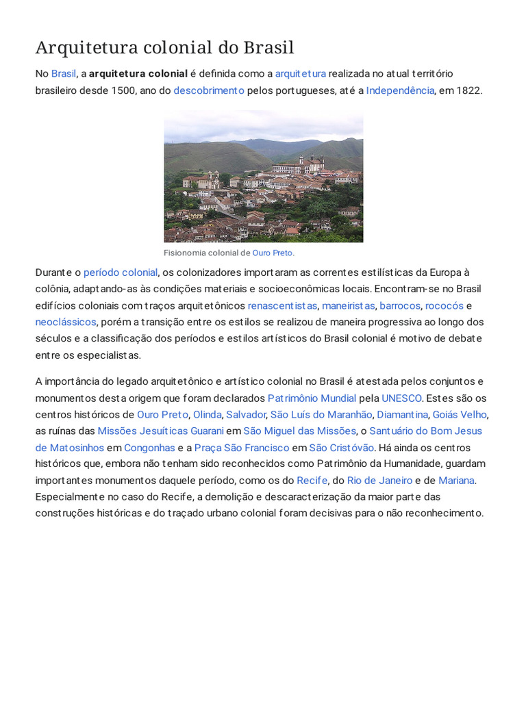 Arquitetura Colonial Do Brasil - Wikipédia, A Enciclopédia Livre | PDF