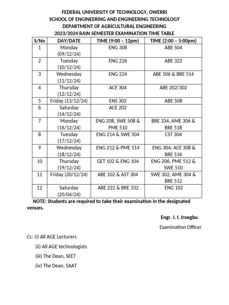 2023 - 2024 Age Rain Semester Examination Timetable | PDF