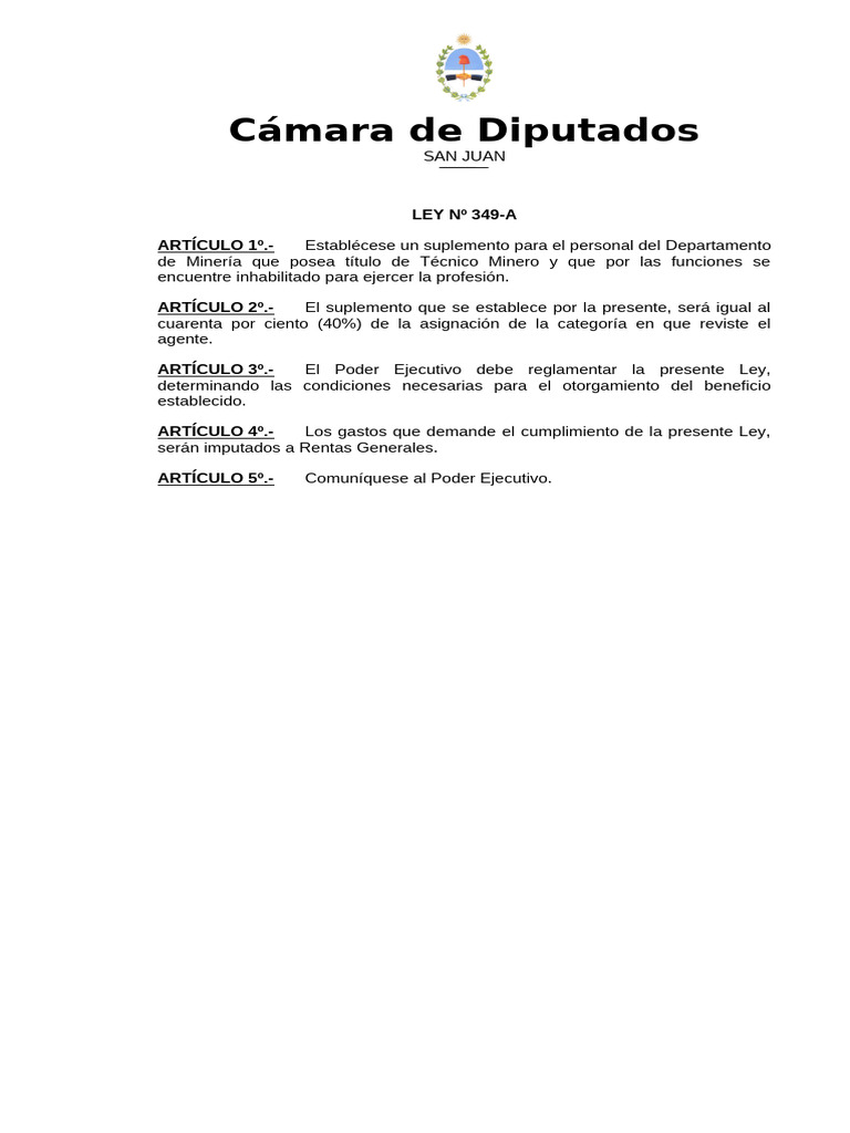 Cámara de Diputados: LEY #349-A Artículo 1º. | PDF