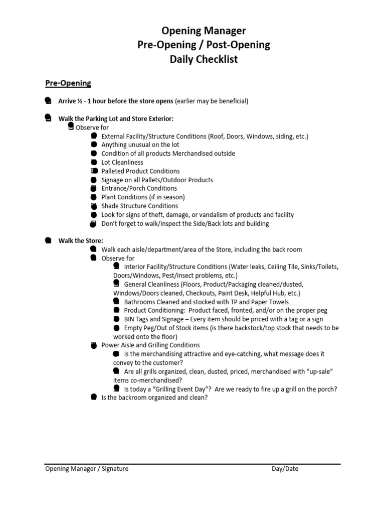 Daily Opening Manager Checklist | PDF | Aisle
