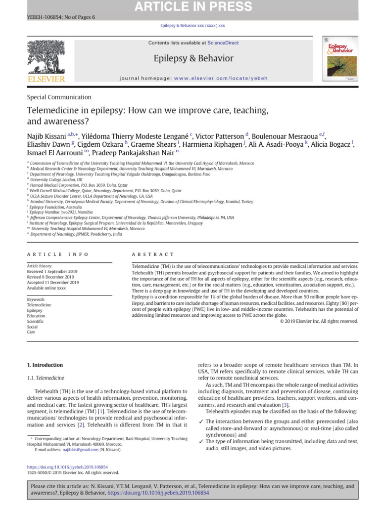 10 1016@j Yebeh 2019 106854 | PDF | Epilepsy | Health Care