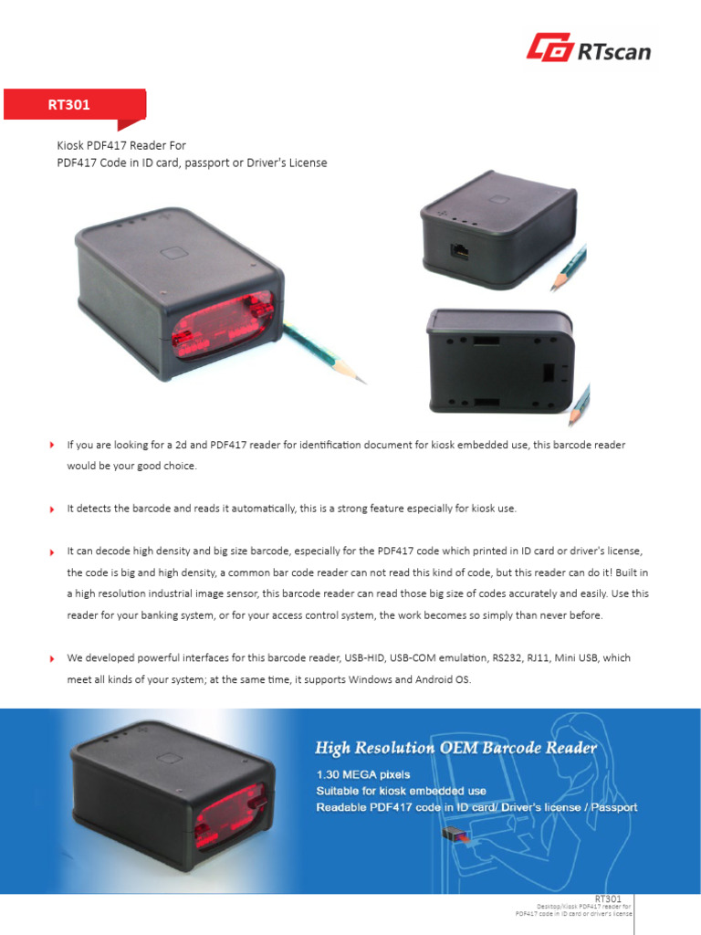 Kiosk-high-resolution-barcode-reader-RT301 | PDF | Barcode | Input/Output