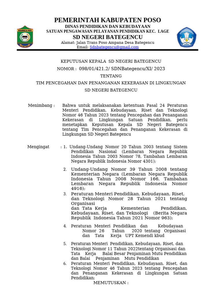 Tim Pencegahan Kekerasan SD Bategencu | PDF