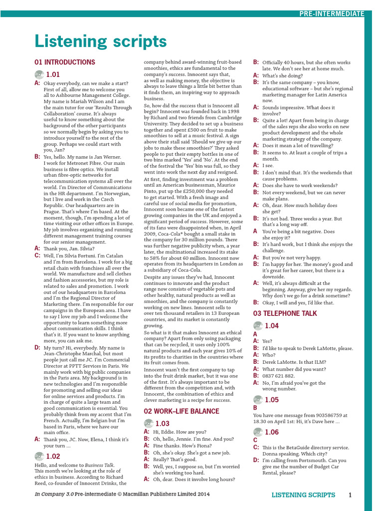 In Company 3.0 Pre-Intermediate Listening Script | PDF