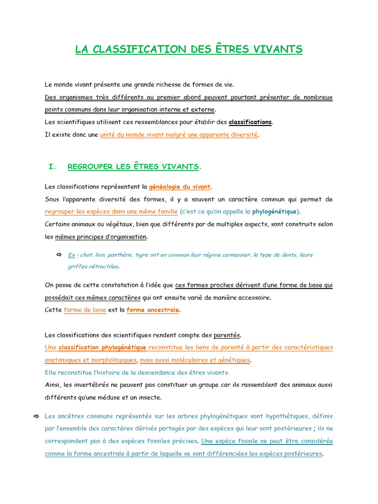 Classification Phylogénétique des Êtres Vivants | PDF | Espèces ...