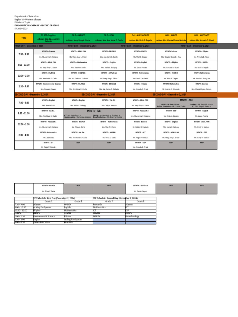 JHS SHS Examination Schedule Second Grading SY 2024 2025 | PDF ...