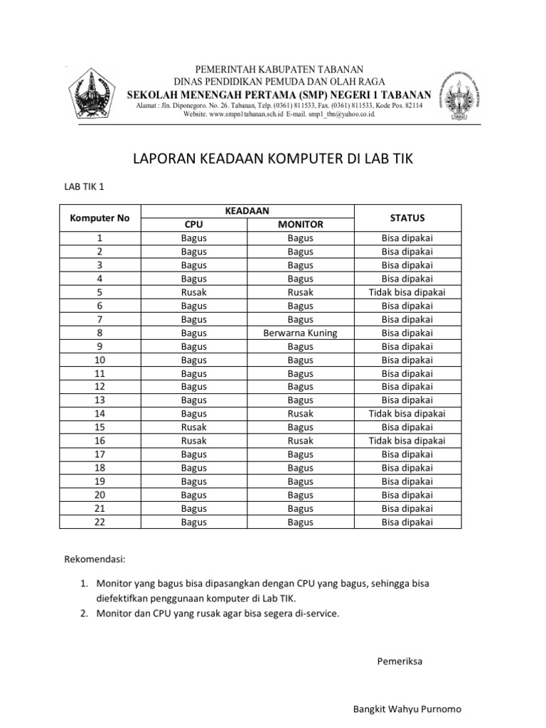 Laporan Keadaan Komputer Di Lab Tik | PDF | Kesehatan Holistik