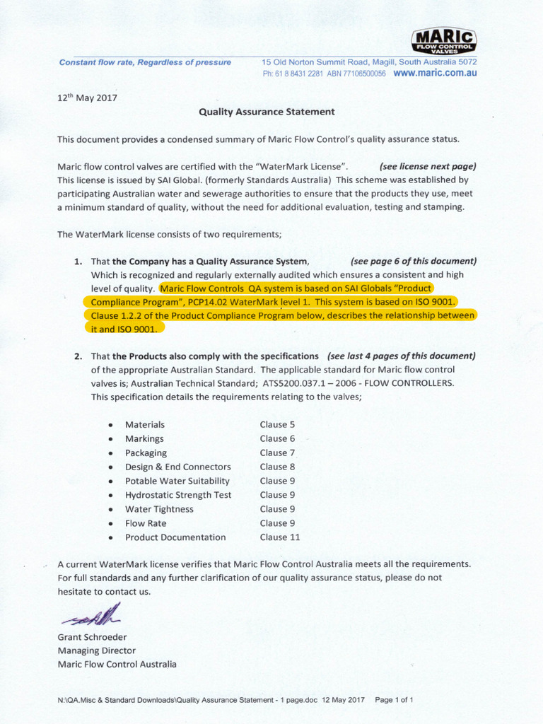 Quality Assurance Statement - With Product Schedule A | PDF