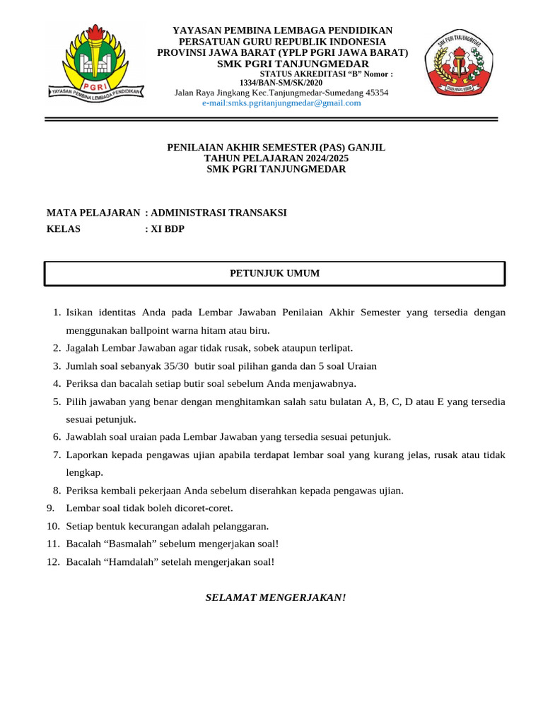 Soal Pas Adm Transaksi Xi BDP | PDF