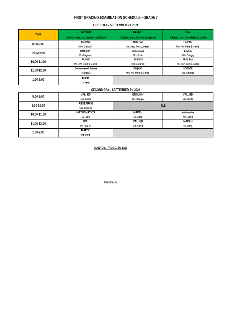 Final Exam Schedule 2024 2025 First Grading | PDF
