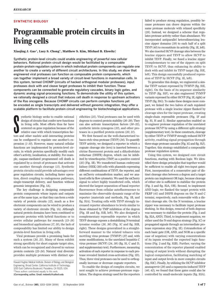 Programmable protein circuits in living cells | PDF | Proteolysis | Proteins