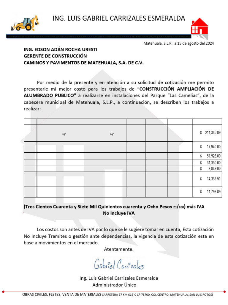 Cotizacion MTH-007 Ampliacion Alumbrado Las Camelias | PDF