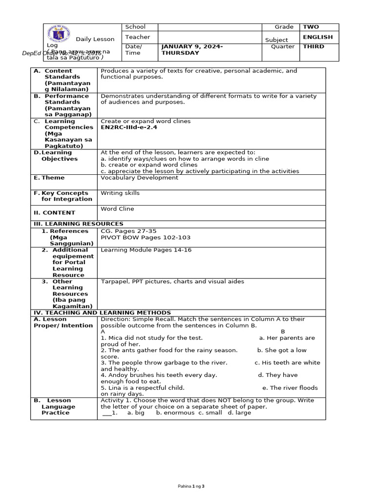 DLP English 2 Q3 WK 3 Day 4 | PDF | Learning | Human Communication