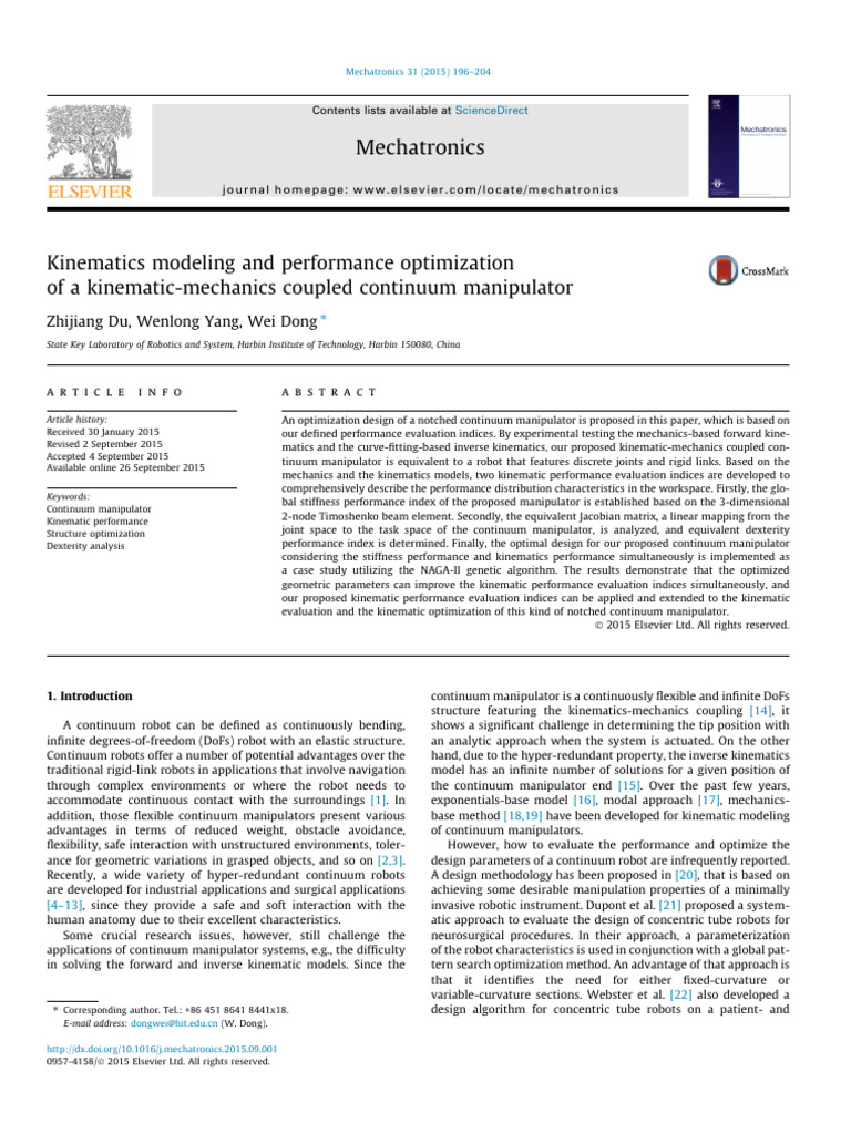 Kinematics modeling and performance optimization of a kinematic-mechanics coupled continuum ...