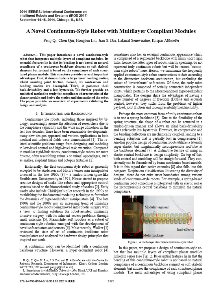 Peng Qi 2014 - A Novel Continuum-Style Robot With Multilayer Compliant Modules | PDF | Stiffness ...