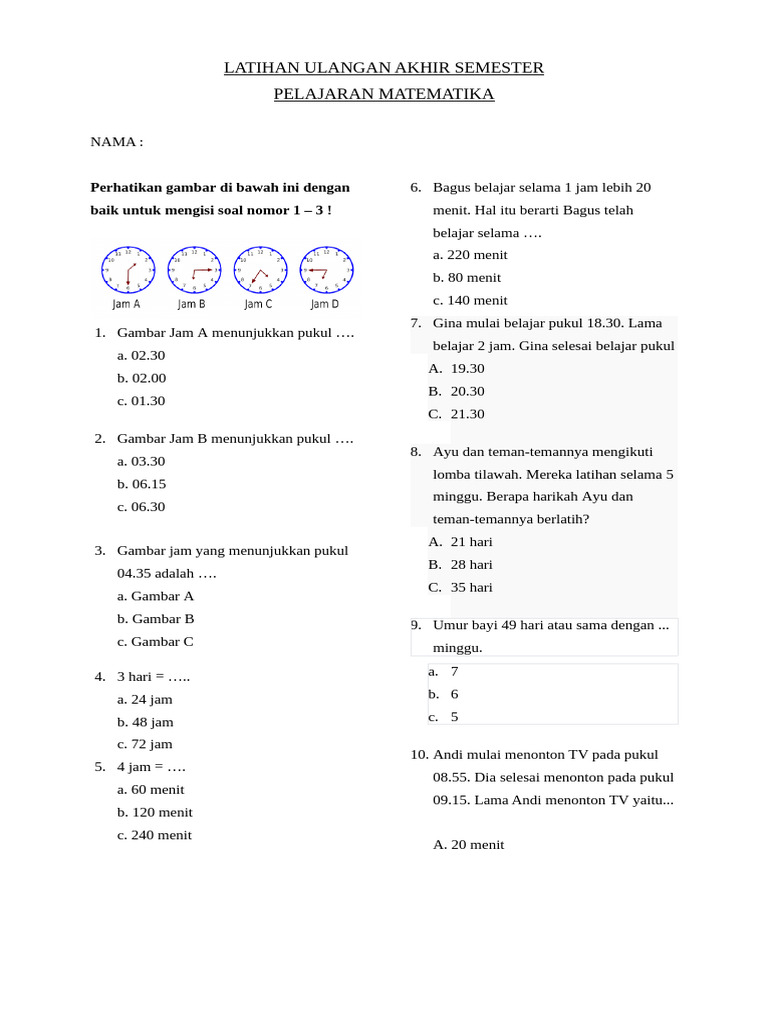 Latihan Ujian Akhir Semester MTK Les - Kelas 3 | PDF