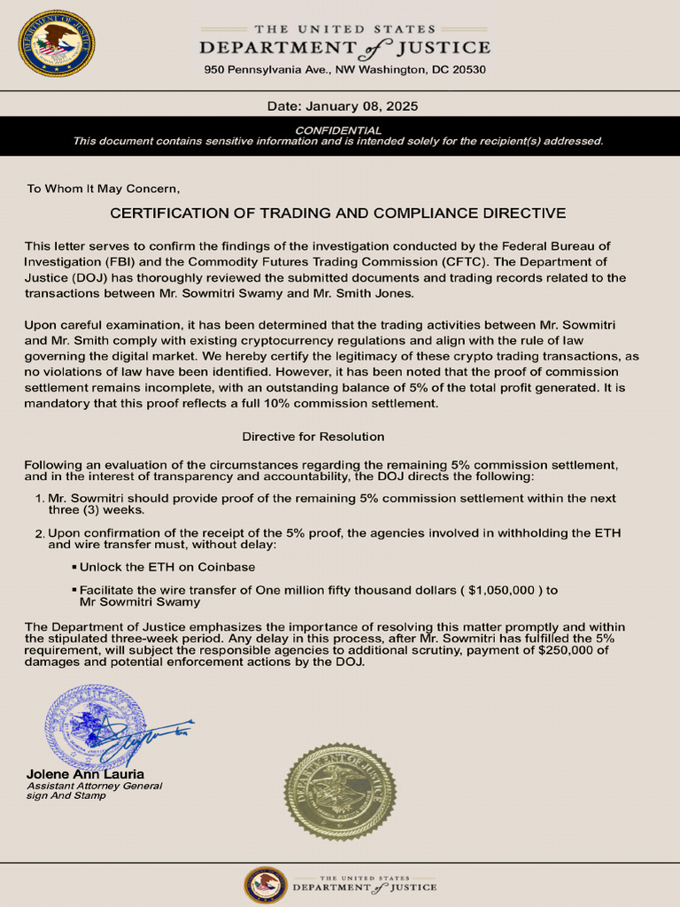 DOJ - Certification of Trading and Compliance Directive | PDF