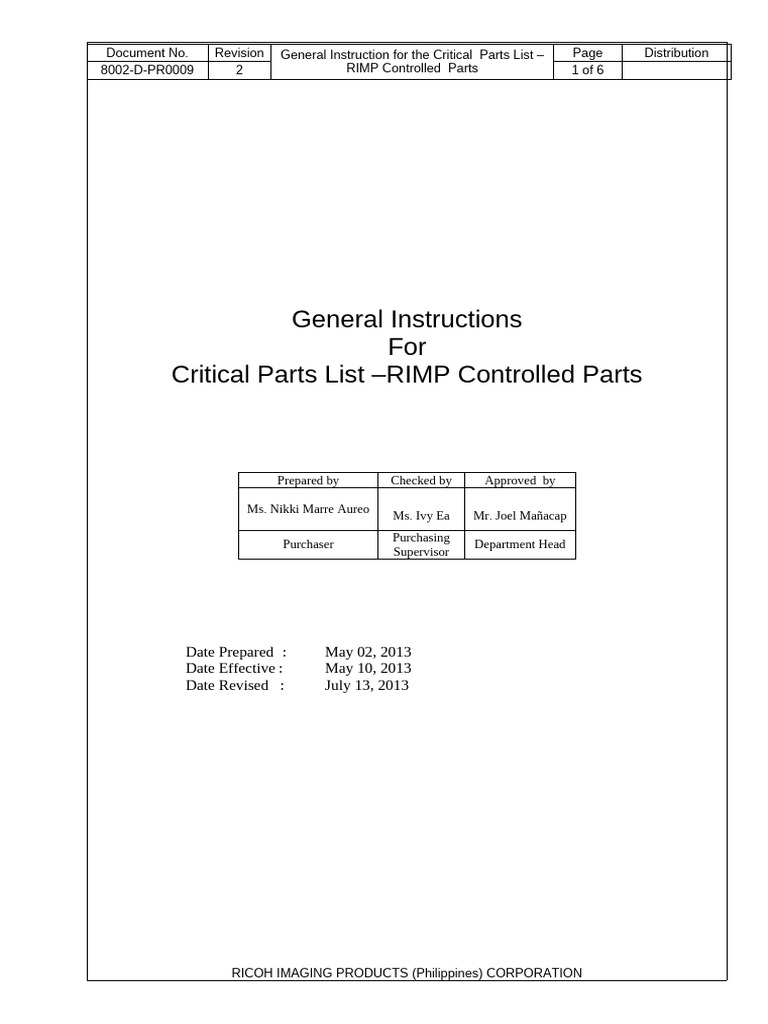Critical Parts List Instructions for RIMP | PDF | Business