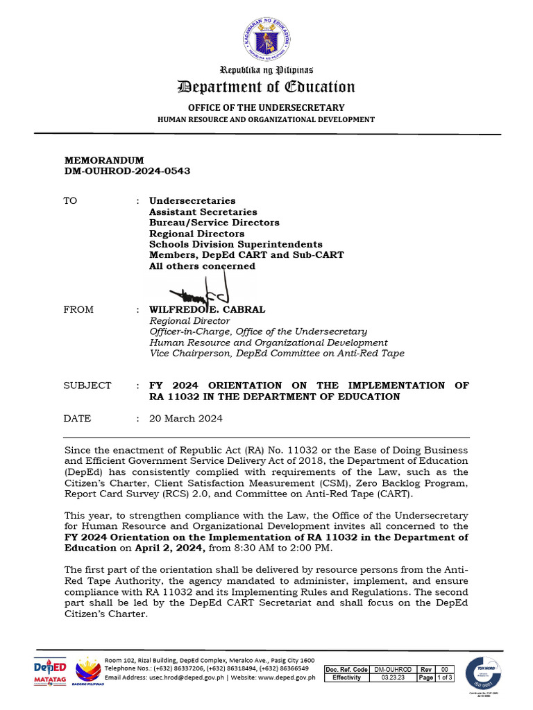 Dm Ouhrod 2024 0543 Fy 2024 Orientation on the Implementation of Ra ...