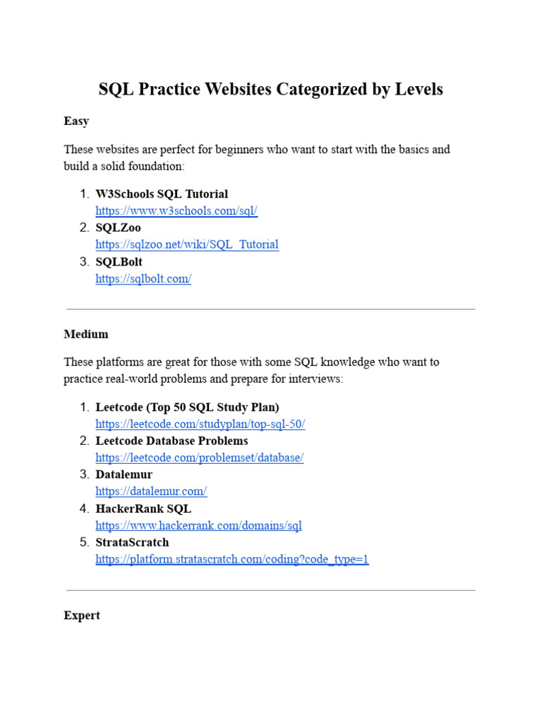 SQL Practice Websites Categorized by Levels | PDF