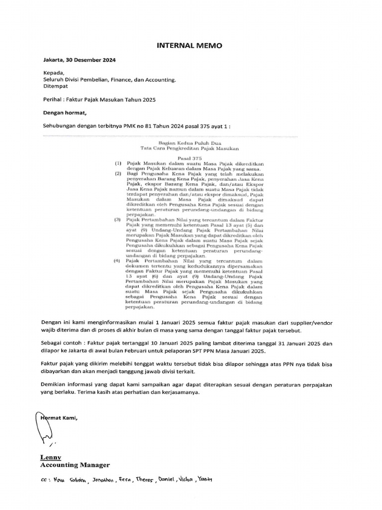 Memo Internal PMK 81 Tahun 2024 | PDF