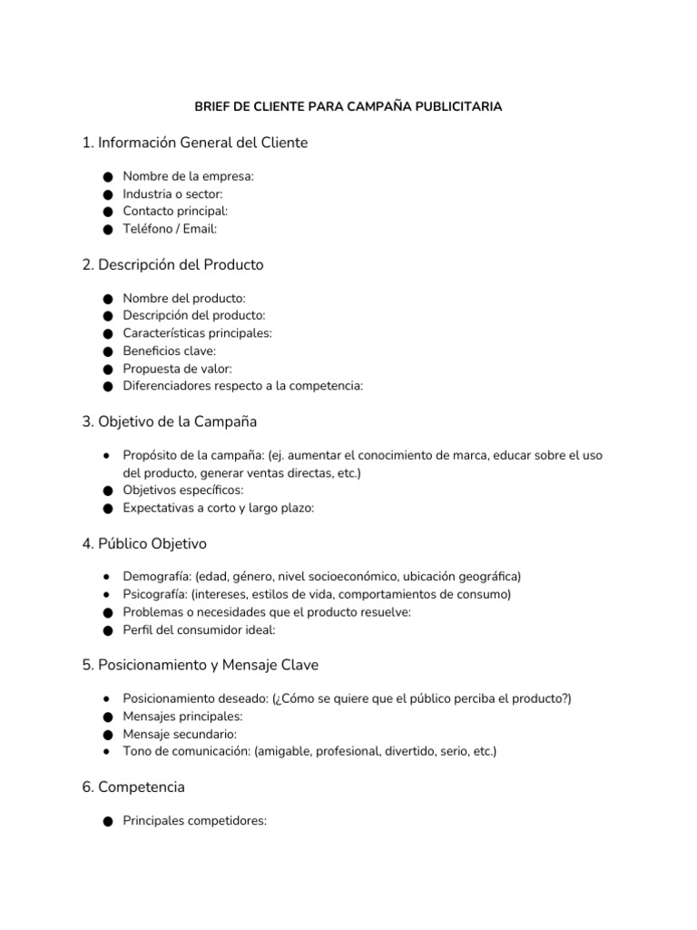 Brief de Cliente para Campaña Publicitaria | PDF | Publicidad | Producto (Negocio)