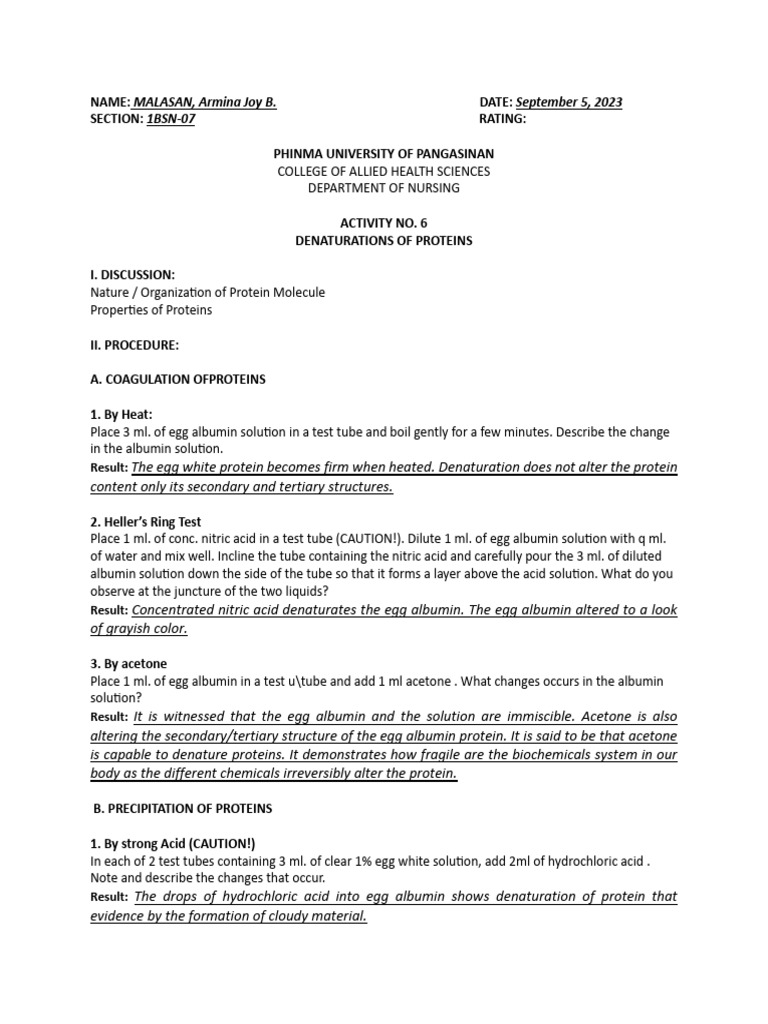 Biochem - Act6-Malasan, Armina. | PDF | Denaturation (Biochemistry) | Milk