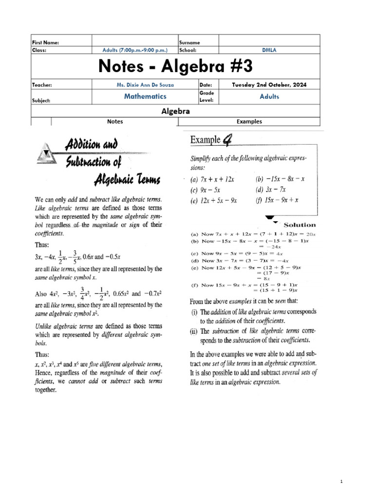 30SEPTEMBER2024 Adults Form4 5 Mathematics Notes Algebra 3 | PDF