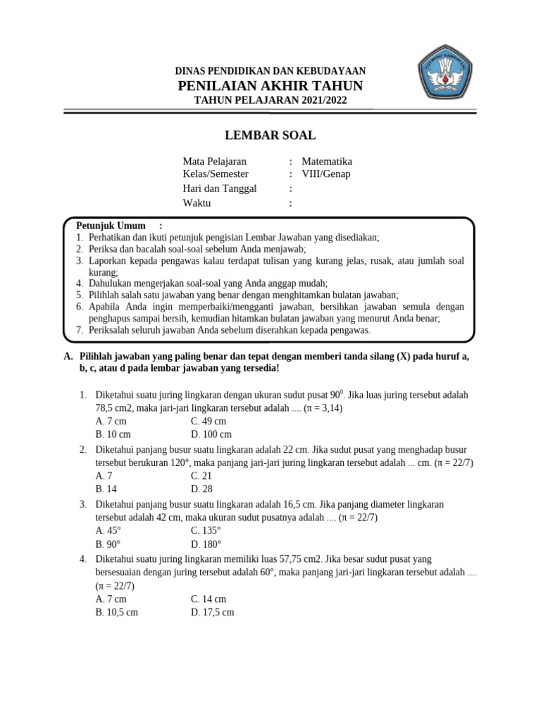 Soal Pat Matematika Kelas 8 | PDF