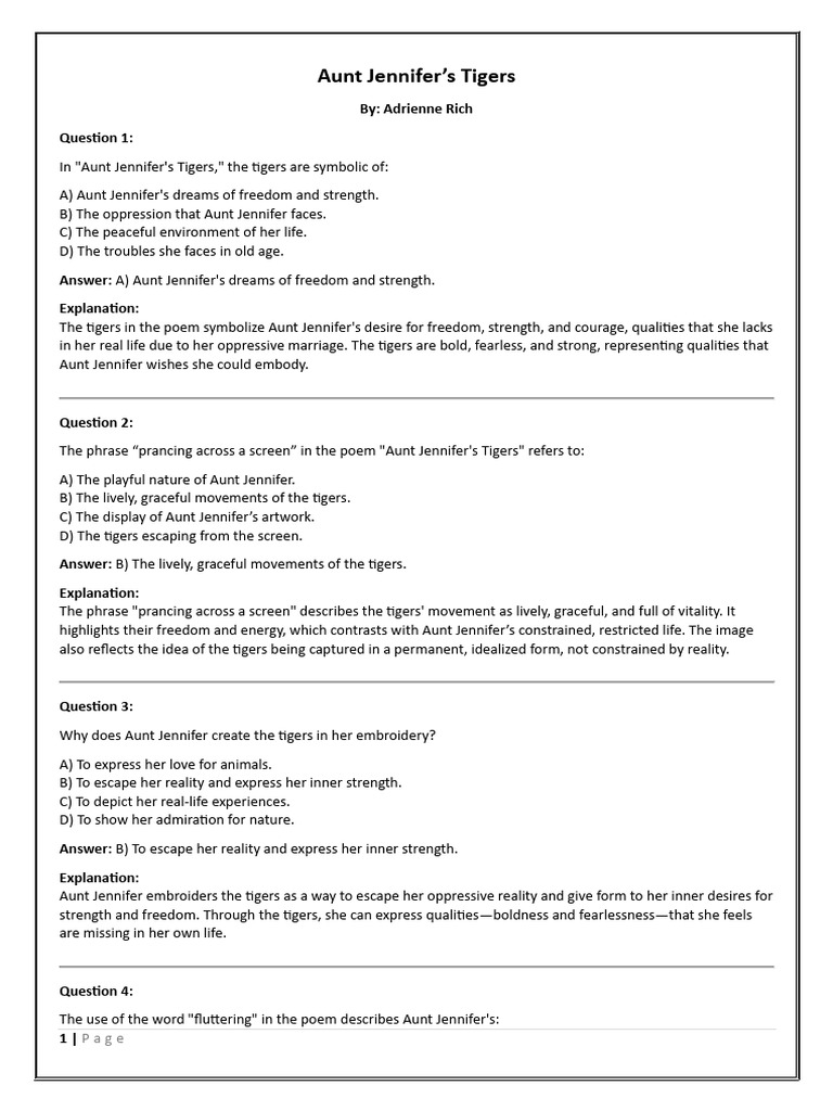 Aunt Jennifers Tigers | PDF | Anxiety | Marriage