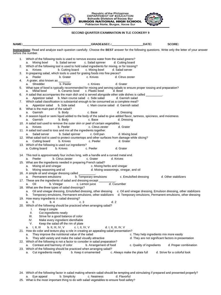 Second Quarter Examination in Tle Cookery | PDF | Salad | Fruit