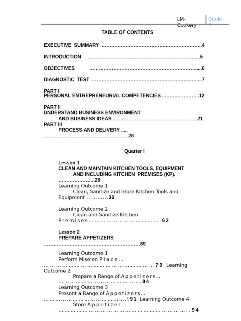 Grade 9 Cookery Module: Skills & Techniques | PDF | Entrepreneurship ...