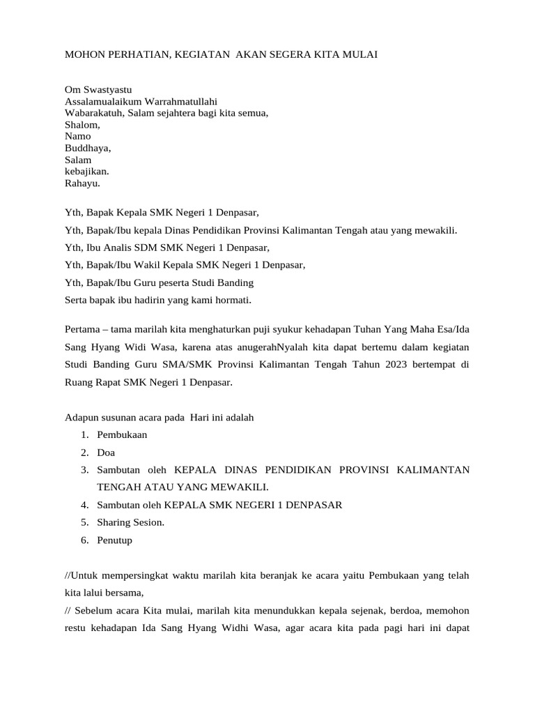 Susunan Acara Studi Banding Guru SMA-MK Provinsi Kalimantan Tengah | PDF