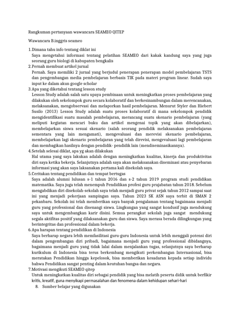 Rangkuman Pertanyaan Wawancara SEAMEO QITEP | PDF