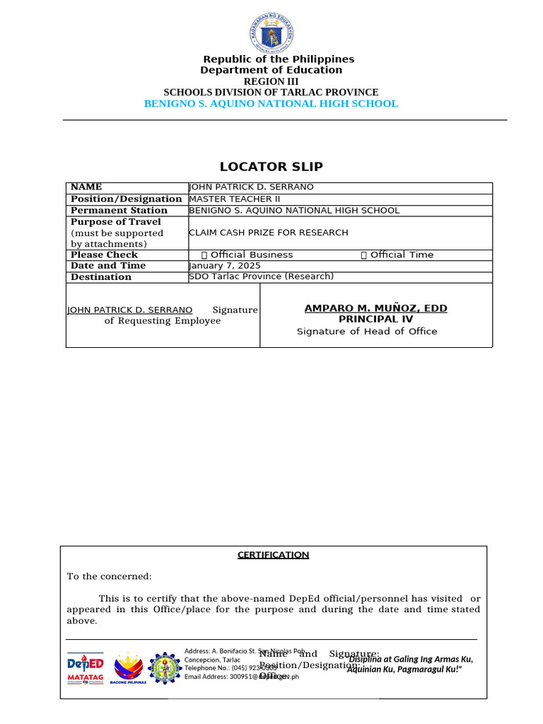 LOC SLIP FOR TEACHERS | PDF