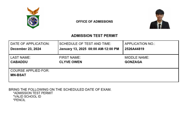 Admission Test Permit for MN-BSAT | PDF