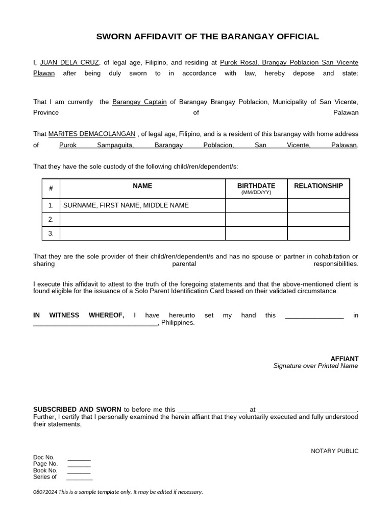 Sworn Affidavit of Barangay Official Sample Only | PDF | Affidavit | Civil Law (Common Law)