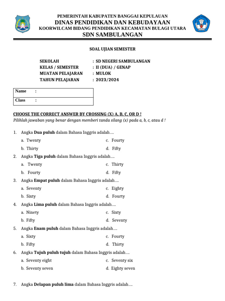Soal Ujian Mulok Kelas II (Dua) Semester II | PDF