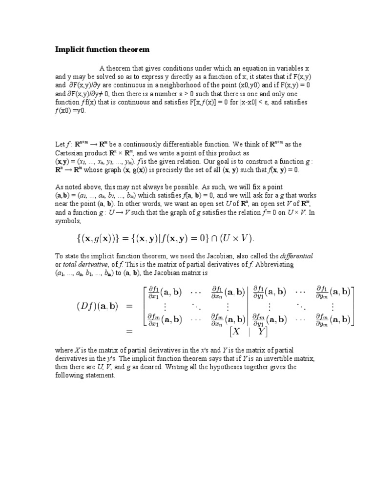 Implicit function theorem conditions for expressing y as a function of ...