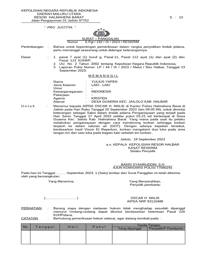 SURAT PANGGILAN (Yulius Yapen) | PDF