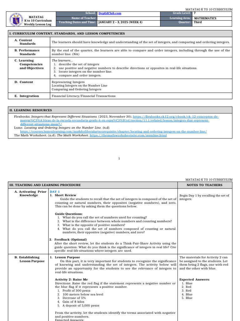 DLL Matatag - Mathematics 7 Q3 W4 | PDF | Numbers | Educational Assessment