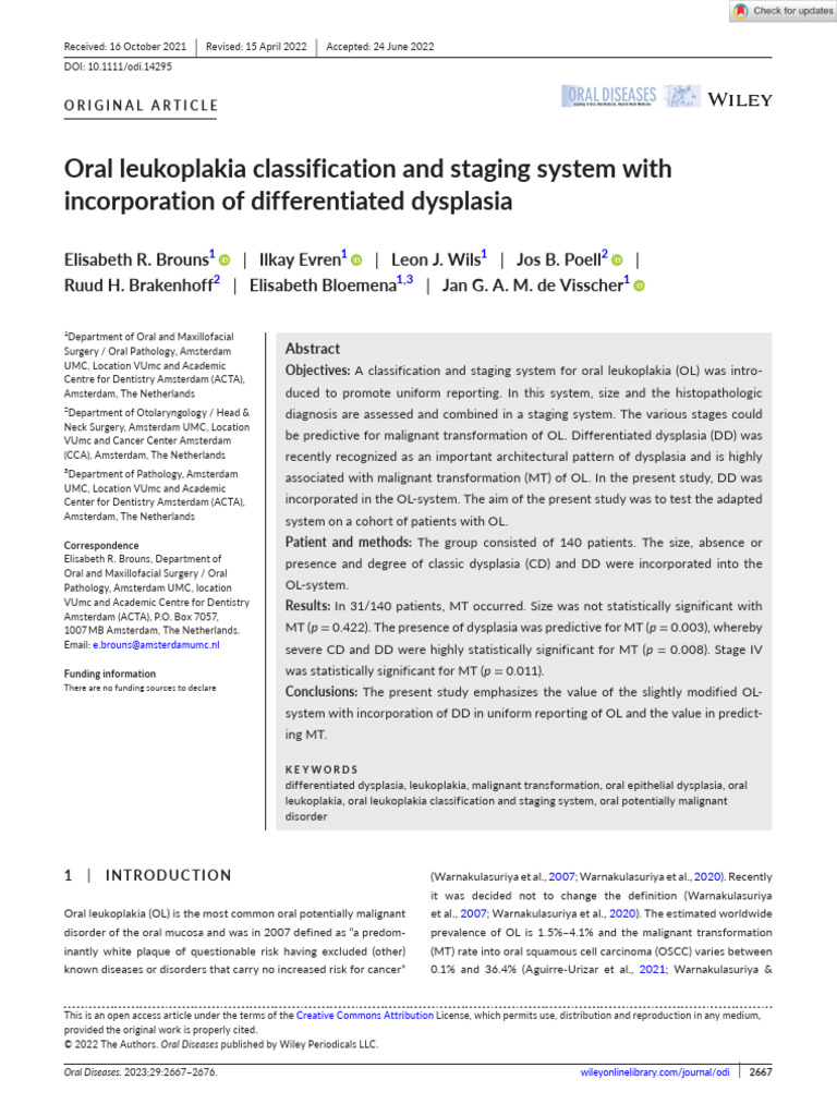 Oral Diseases - 2022 - Brouns - Oral Leukoplakia Classification and ...