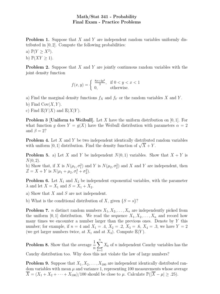 Probability Final Exam Practice Problems | PDF | Statistical Theory | Probability Theory
