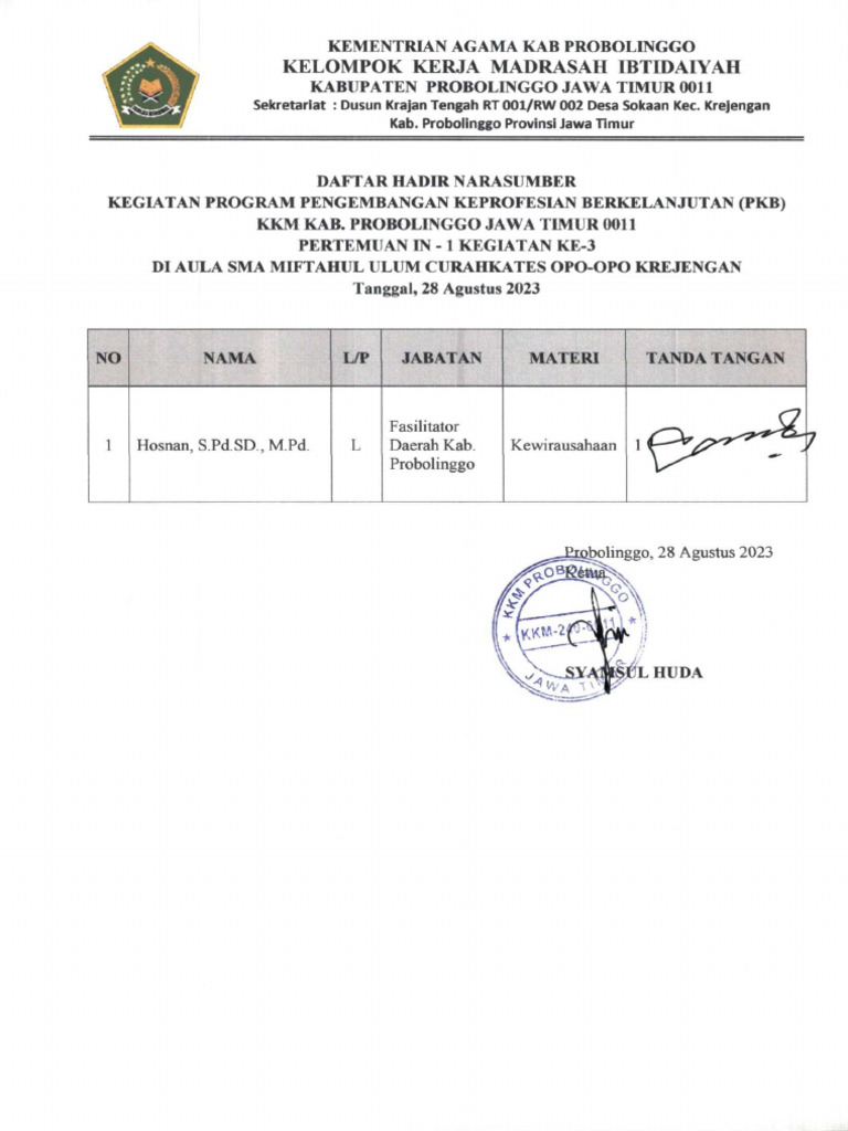 Daftar Hadir Narasumber_Hosnan_28 Agts | PDF